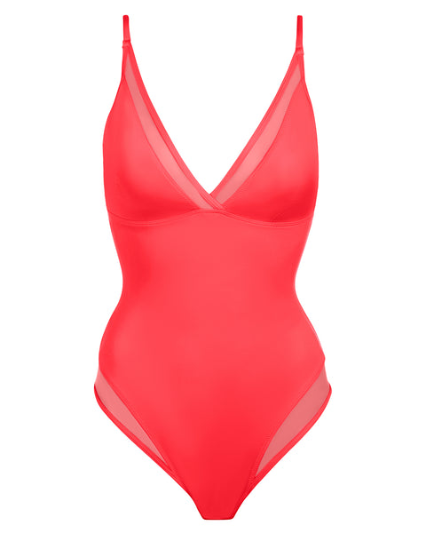 Meshy Low-Cut One Piece with Built-in Shapewear - Hot Coral | TA3